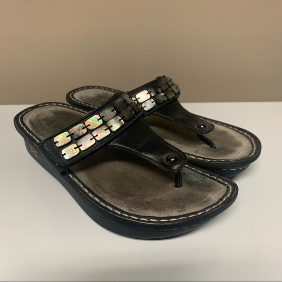 Alegria | Shoes | Alegria Black Leather Oyster Shell Wedge Sandals ...